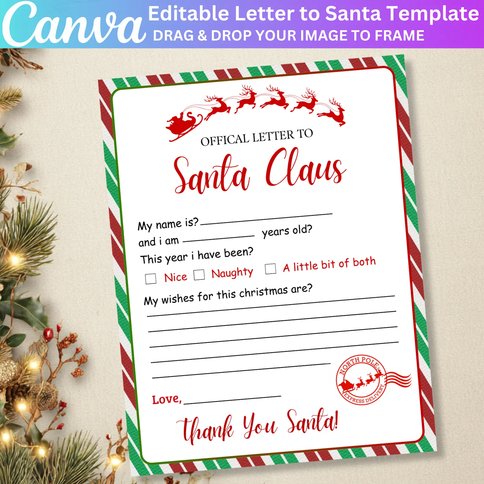 Letter To Santa Canva Template, Kids Letter To Santa, Holiday Printable ...