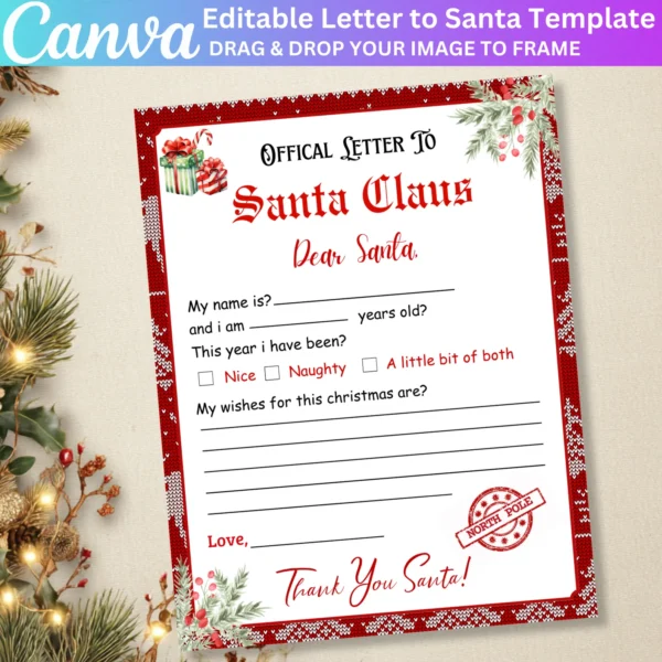 Letter To Santa Canva Template, Kids Letter To Santa, Holiday Printable ...