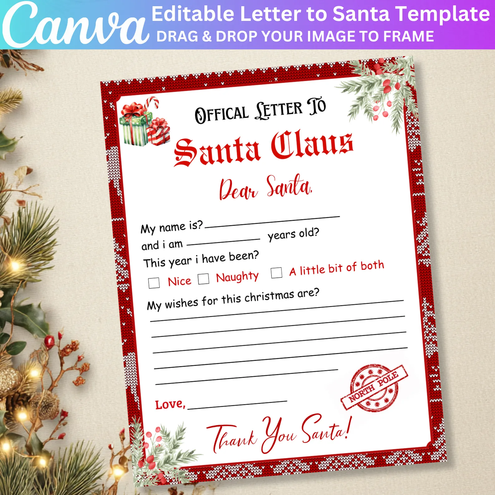 Letter To Santa Canva Template, Kids Letter To Santa, Holiday Printable ...