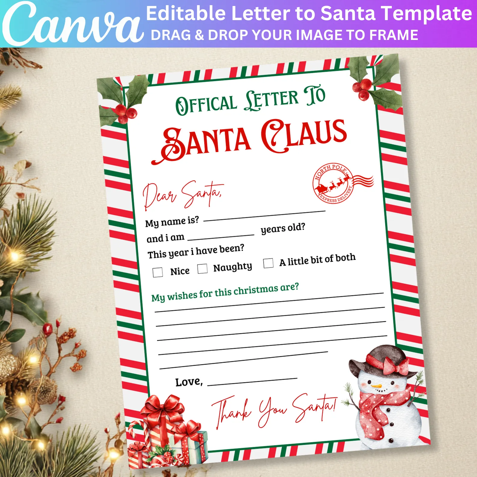 Letter To Santa Canva Template, Kids Letter To Santa, Holiday Printable ...